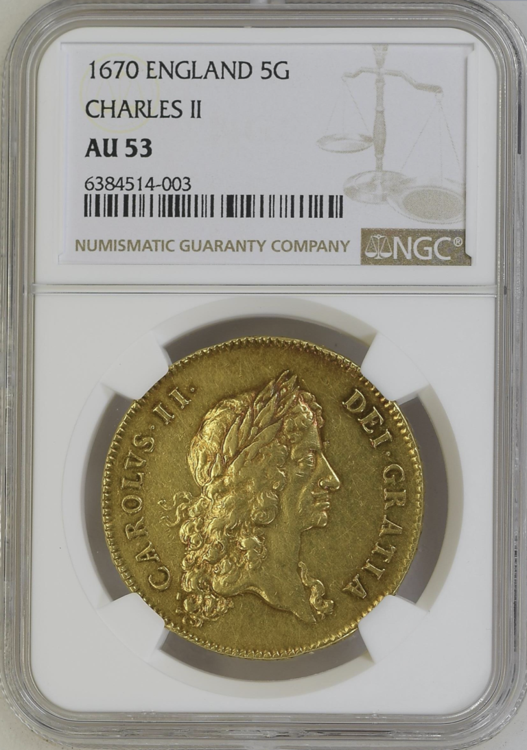イギリス1670年チャールズ2世5ギニー金貨NGC AU53 - PREMIUM GOLD COIN