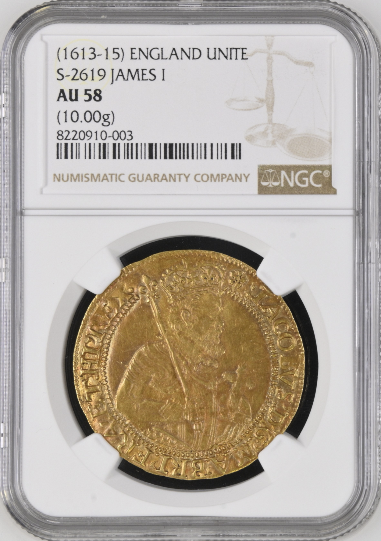 イギリス1613-1615年ジェームス1世ユナイト金貨 NGC AU58 - PREMIUM GOLD COIN