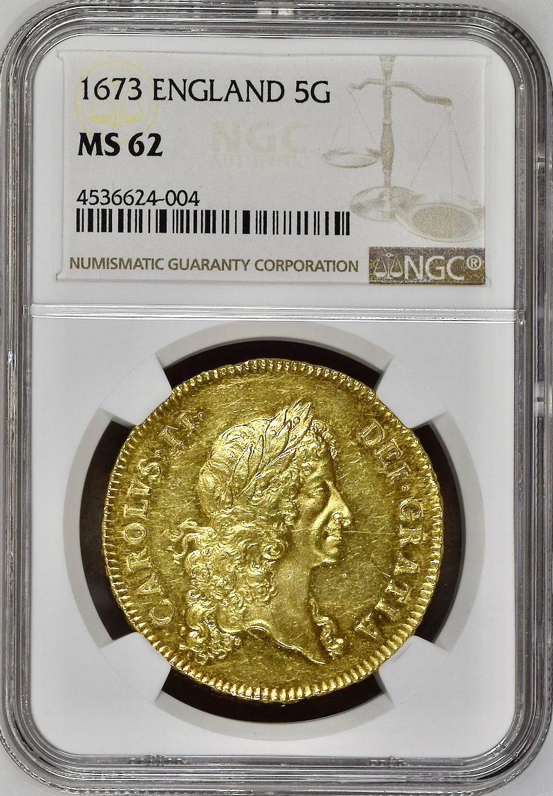 1673年チャールズ2世5ギニー金貨 NGC MS62 - PREMIUM GOLD COIN